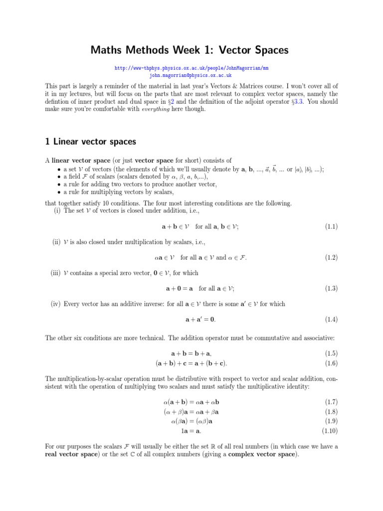 Maths Methods Week 1: Vector Spaces | PDF | Vector Space | Linear Map