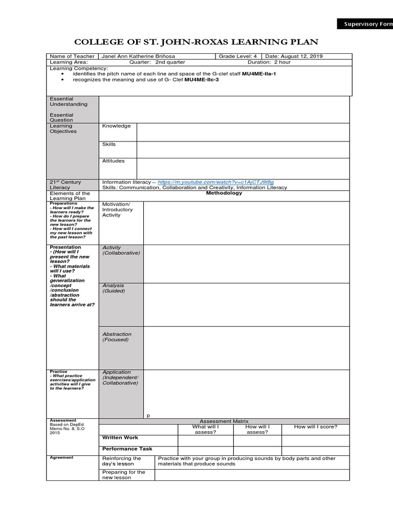 College of St. John-Roxas Learning Plan: Supervisory Form 3 | PDF ...