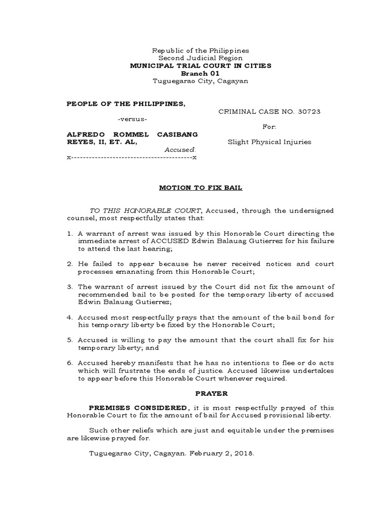 Motion to Fix Bail for Accused | PDF | Bail | Arrest