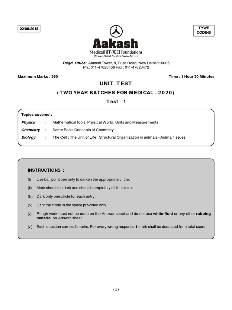 Aakash Test Paper | PDF | Cytoskeleton | Mole (Unit)