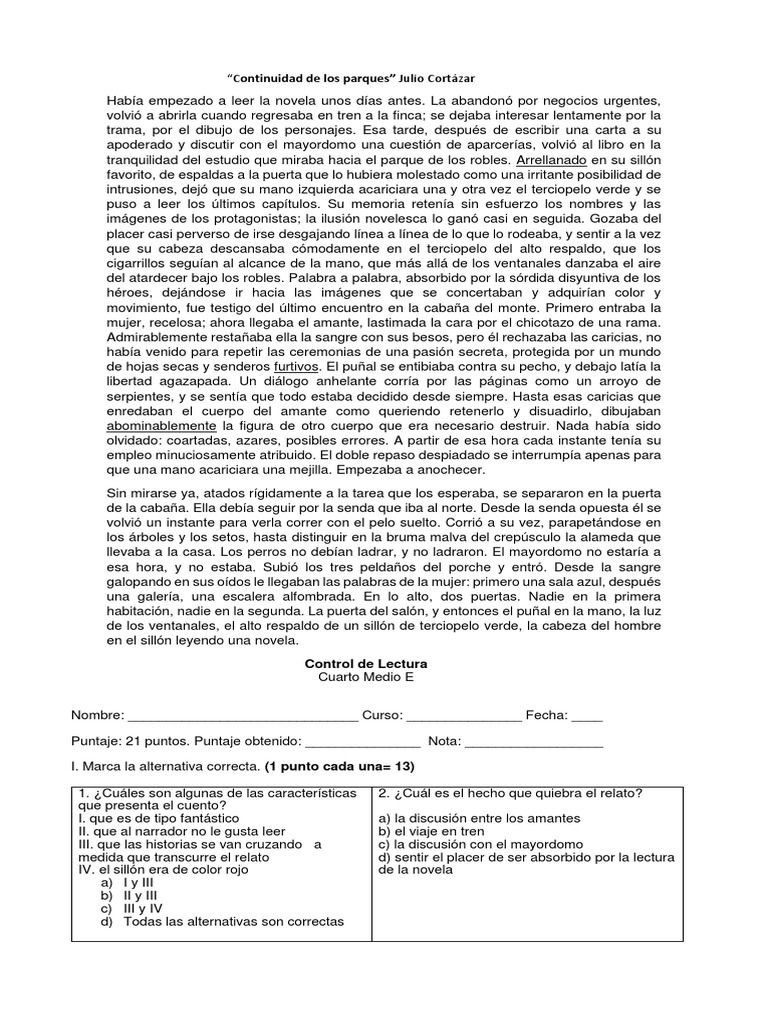 Prueba Continuidad de Los Parques | PDF | Cuentos | Novelas