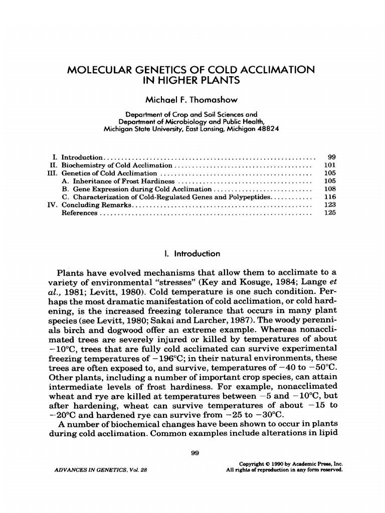 Molecular Genetics of Cold Acclimation in Higher Plants: Michael ...