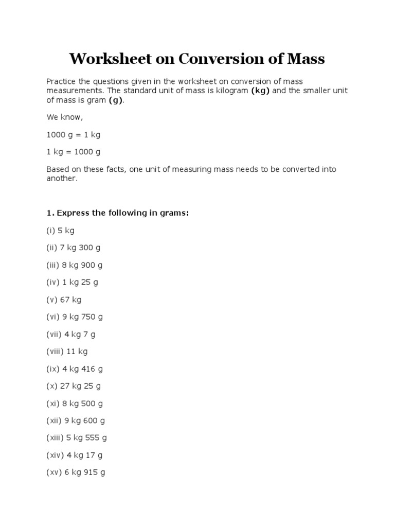 Worksheet On Conversion of Mass | PDF