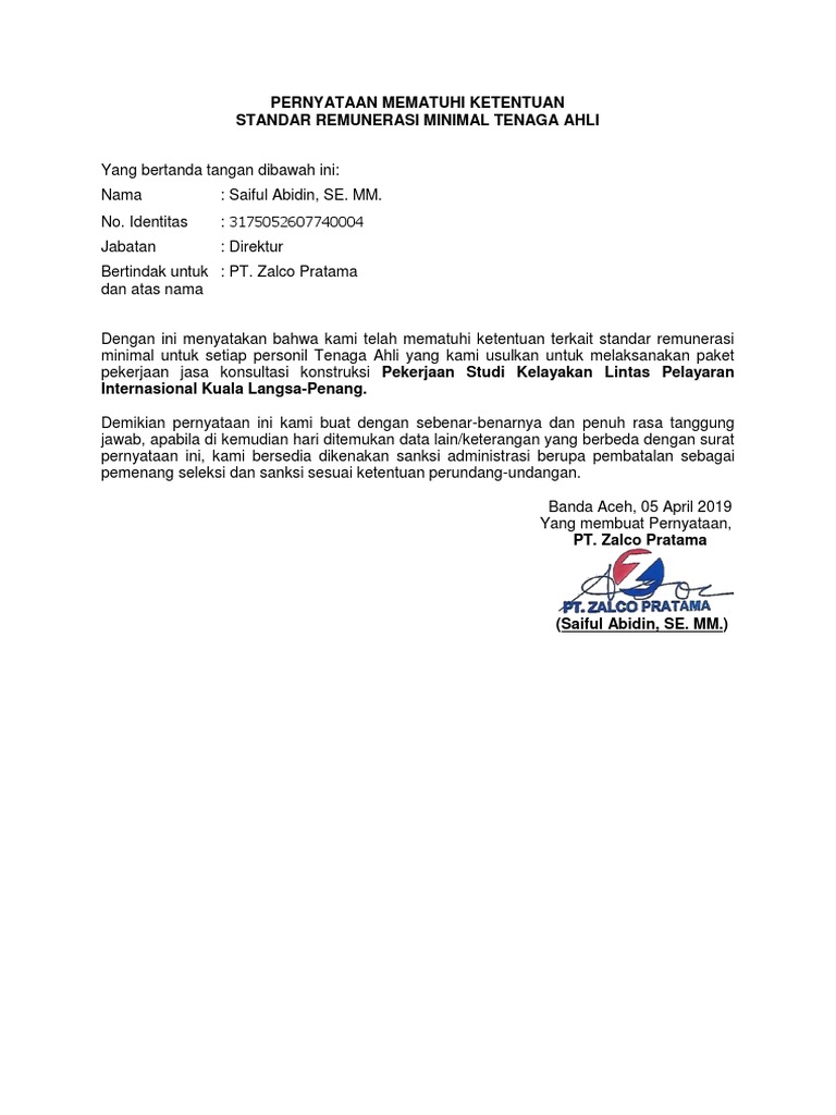 Surat Pernyataan Standar Remunerasi | PDF