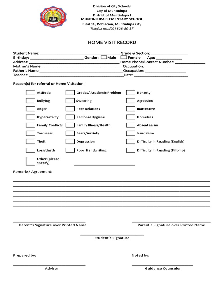 Home Visitation Form 2019-2020 | PDF | Psychiatry Related Fields ...