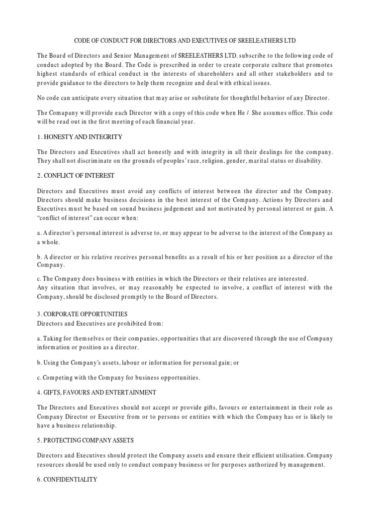Code of Conduct | PDF | Insider Trading | Board Of Directors