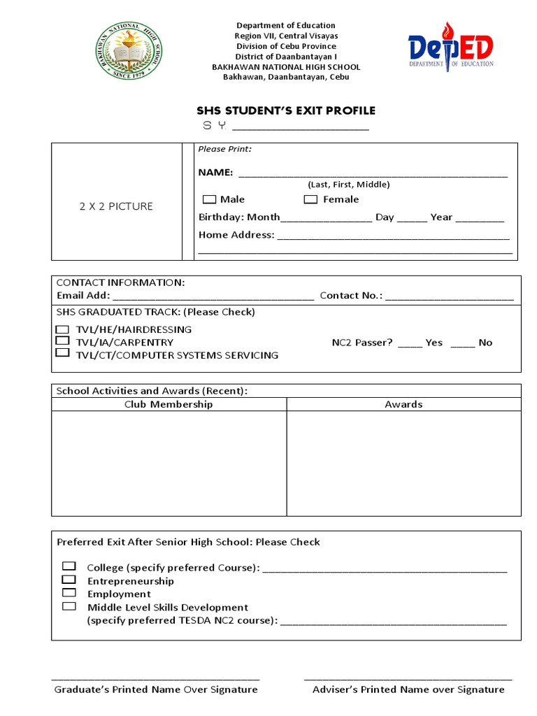 Shs Student'S Exit Profile S. Y.: Name | PDF