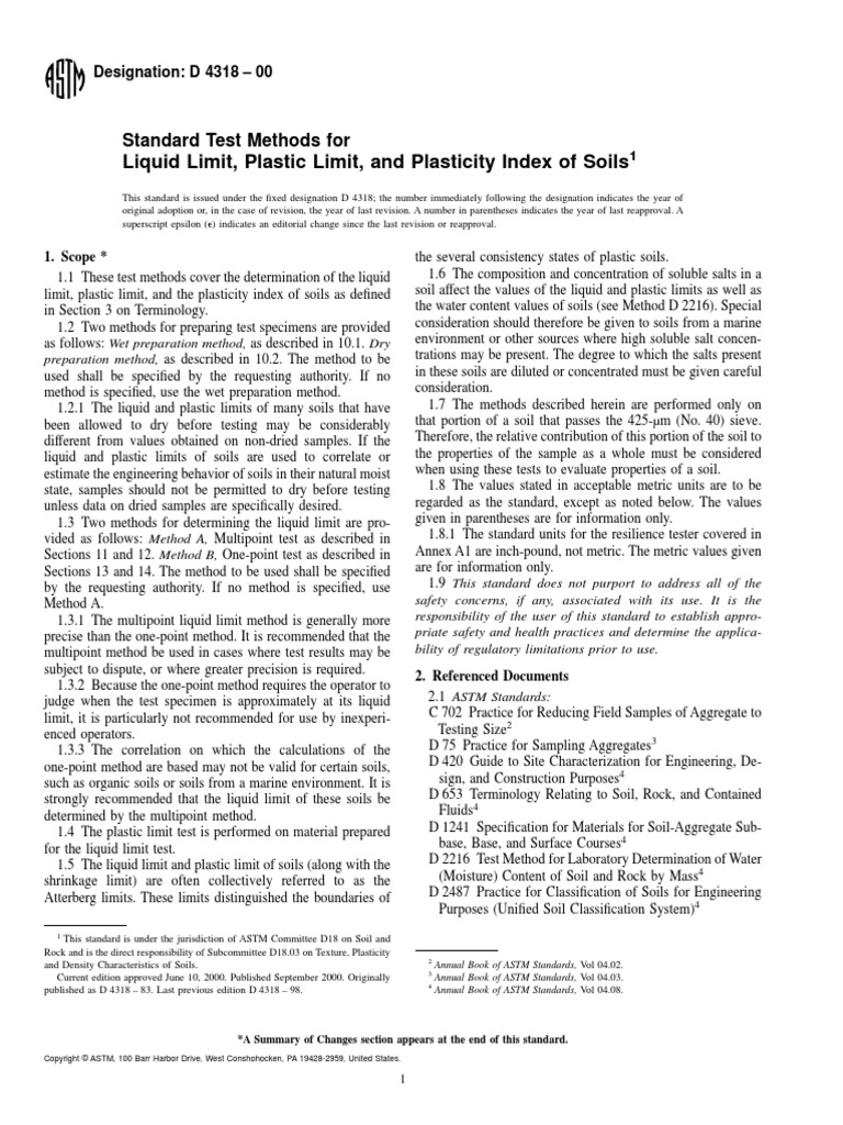 ASTM D 4318 - 00 (Atterberg Limits) | PDF | Soil | Materials