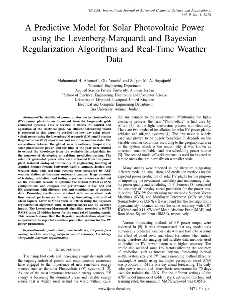 A Predictive Model For Solar Photovoltaic Power Using The Levenberg-Marquardt and Bayesian ...