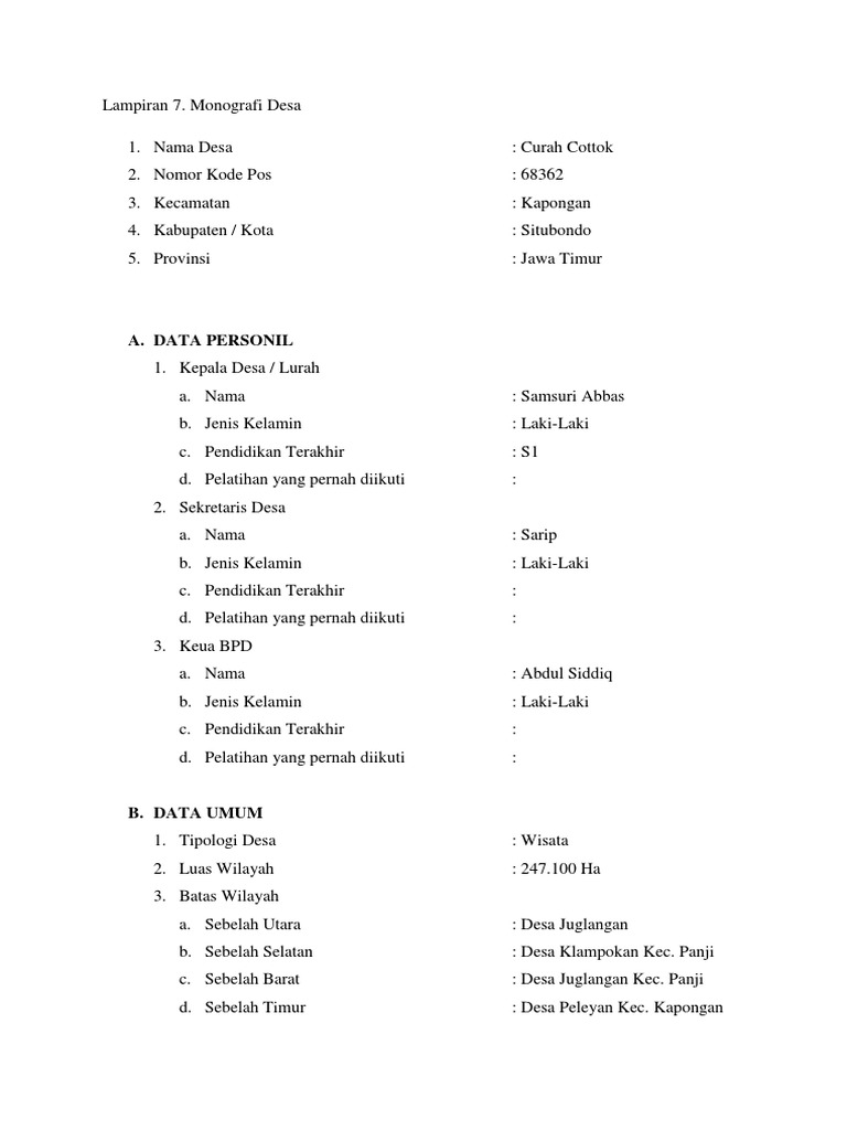 Lampiran 7 Monografi Desa | PDF