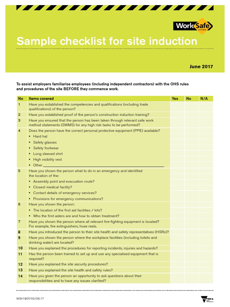 ISBN Sample site induction checklist 2017 06 pdf Occupational Safety 