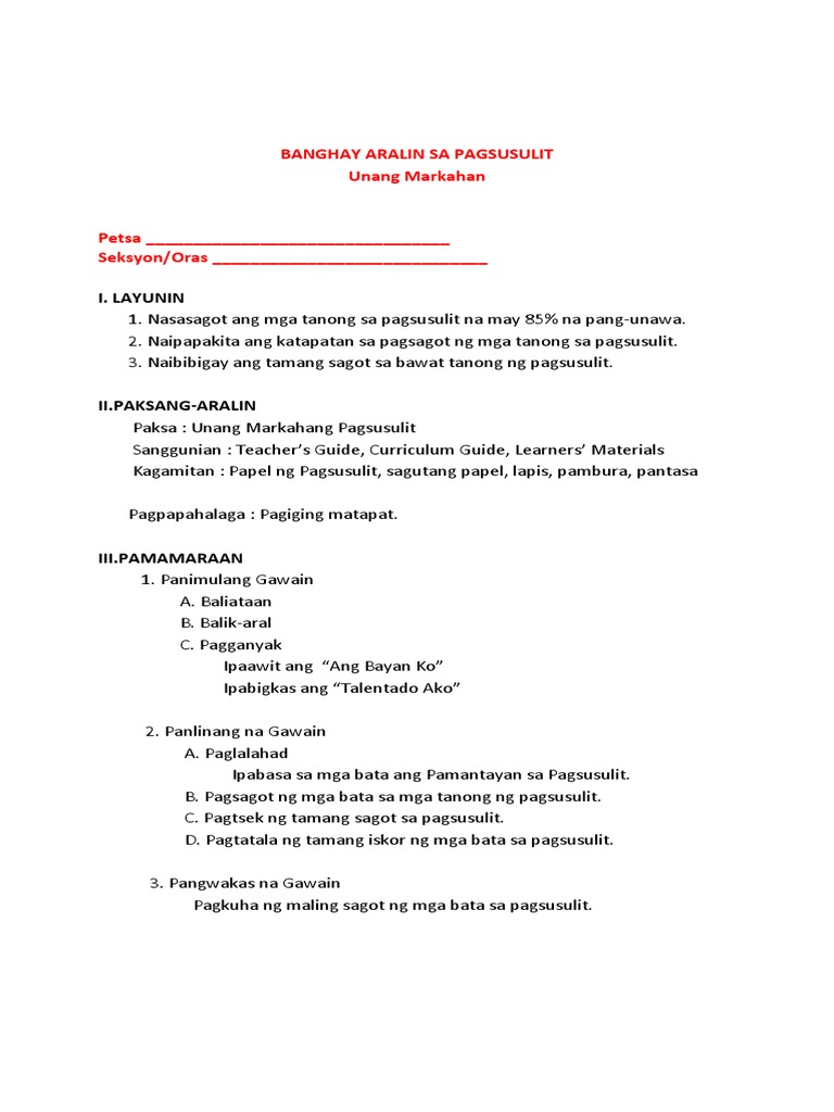 Banghay Aralin Sa Pagsusulit | PDF