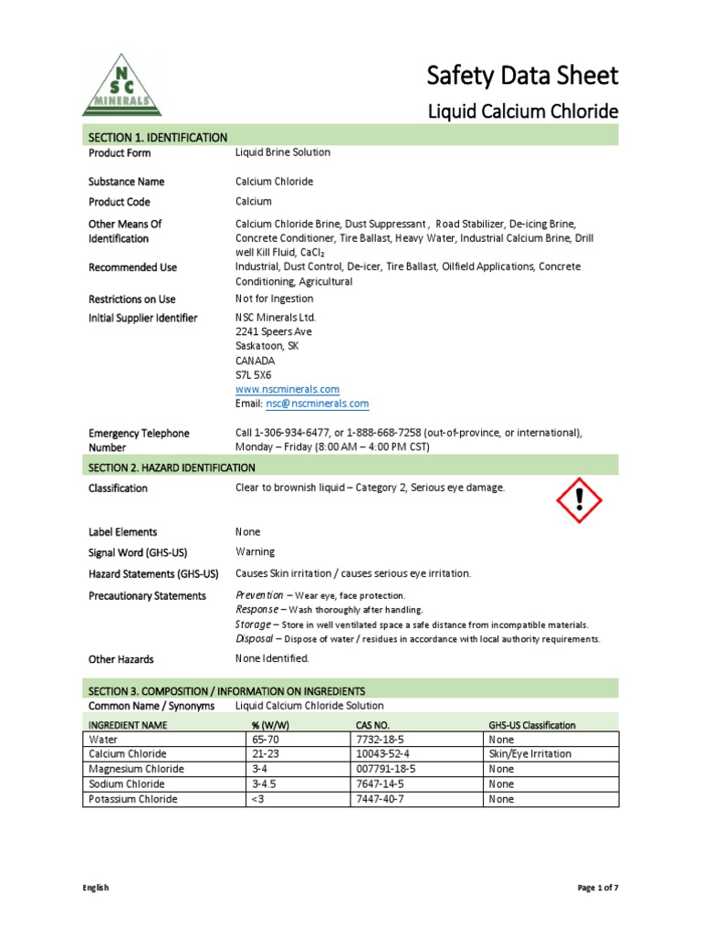 Safety Data Sheet: Liquid Calcium Chloride | PDF | Toxicity | Firefighting
