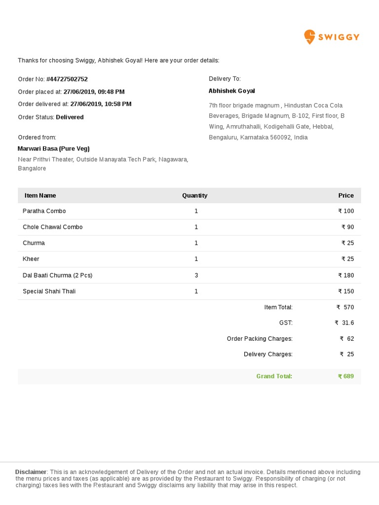Swiggy Order Summary for Brigade Magnum | PDF | Invoice | Business