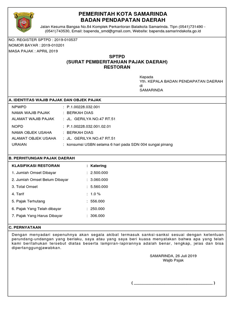 Pemerintah Kota Samarinda Badan Pendapatan Daerah: SPTPD (Surat ...