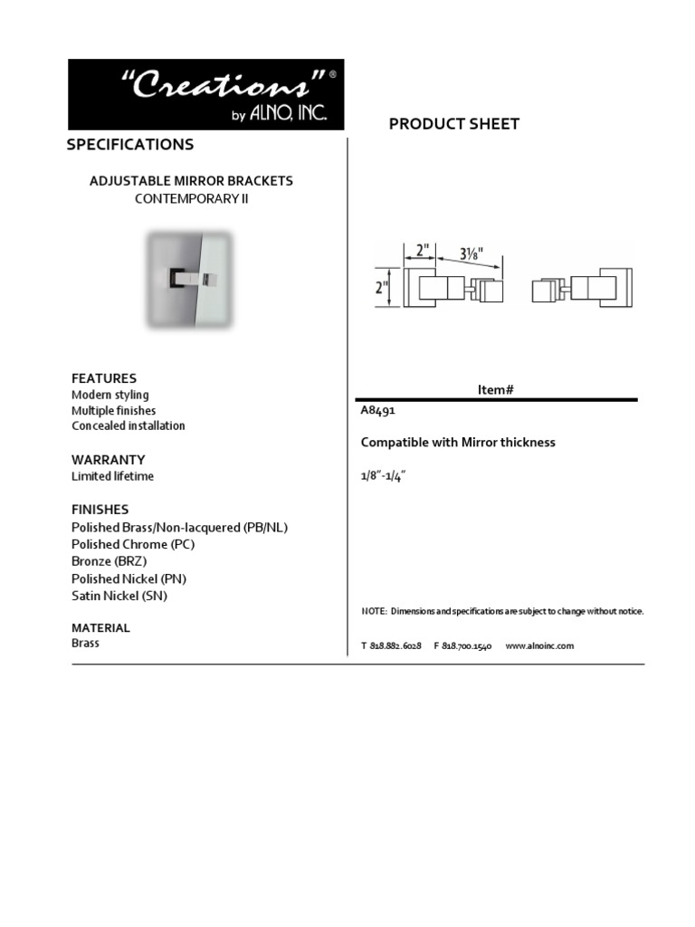 Product Sheet Specifications: Adjustable Mirror Brackets | PDF