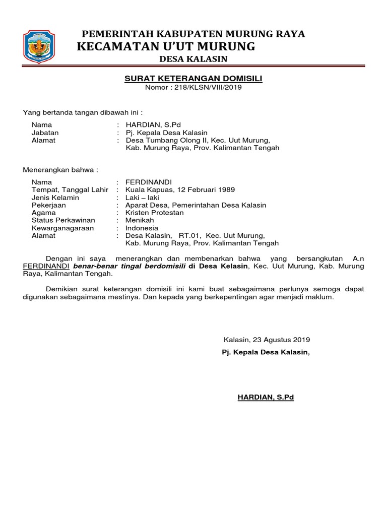Contoh Surat Keterangan Domisili | PDF