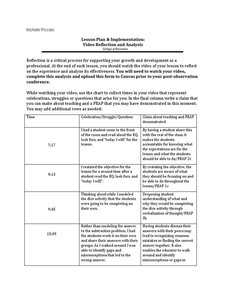 Lesson Plan & Implementation: Video Reflection and Analysis: Nichole ...