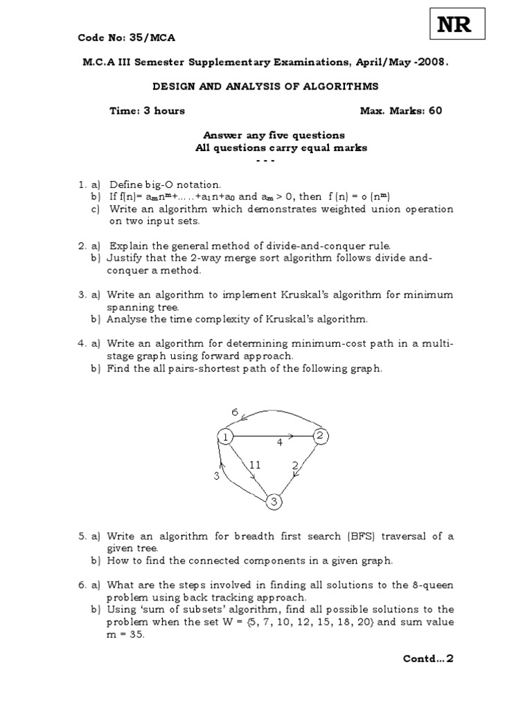 MCA Exam: Design & Analysis of Algorithms | PDF