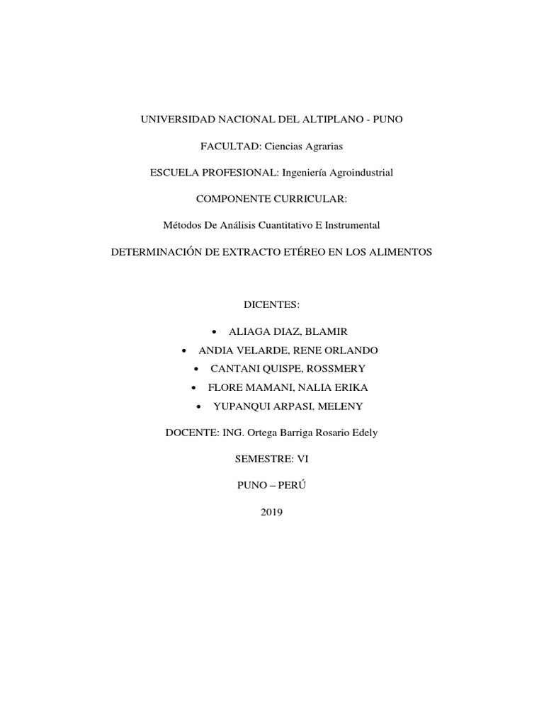 Determinación de Extracto Etéreo en Los Alimentos | PDF | Lípido ...