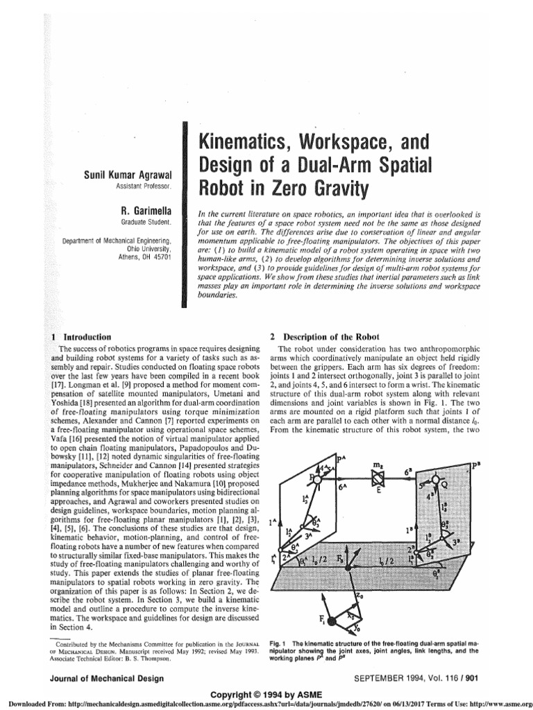 Kinematics, Workspace, and Design of A Dual-Arm Spatial Robot in Zero Gravity | PDF | Kinematics ...
