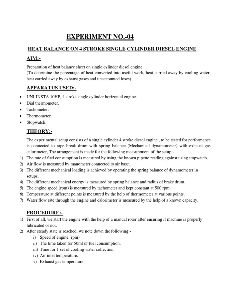 Experiment No.-04: Heat Balance On 4 Stroke Single Cylinder Diesel ...