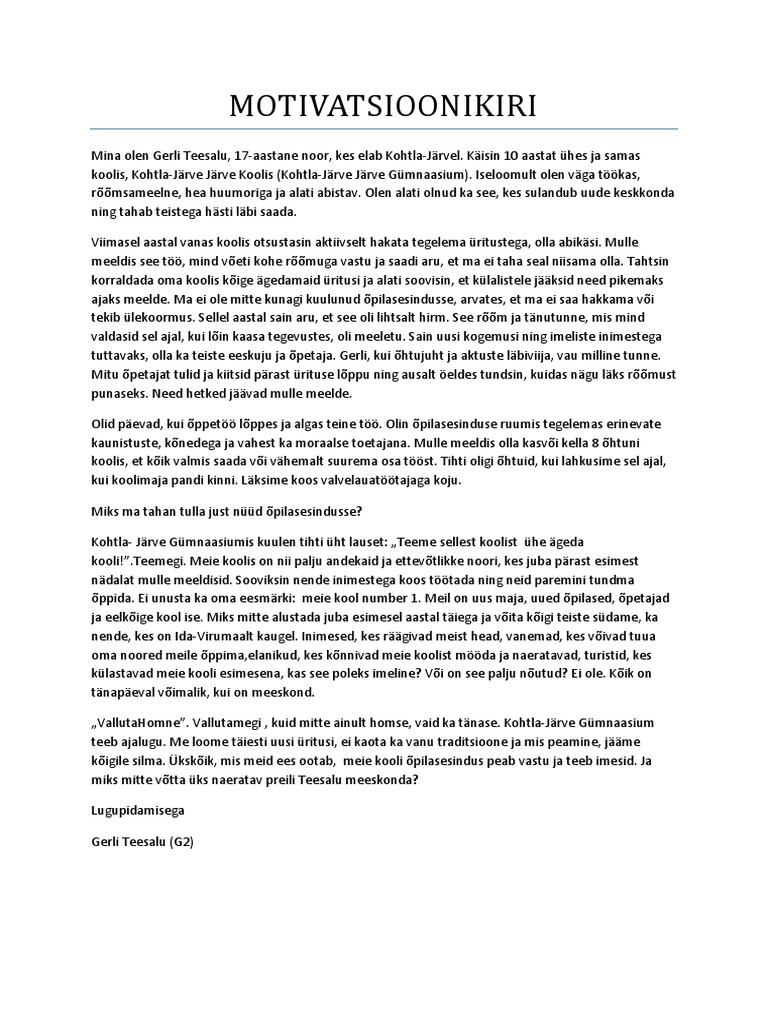 Motivatsioonikiri (Õpilasesesindus) | PDF