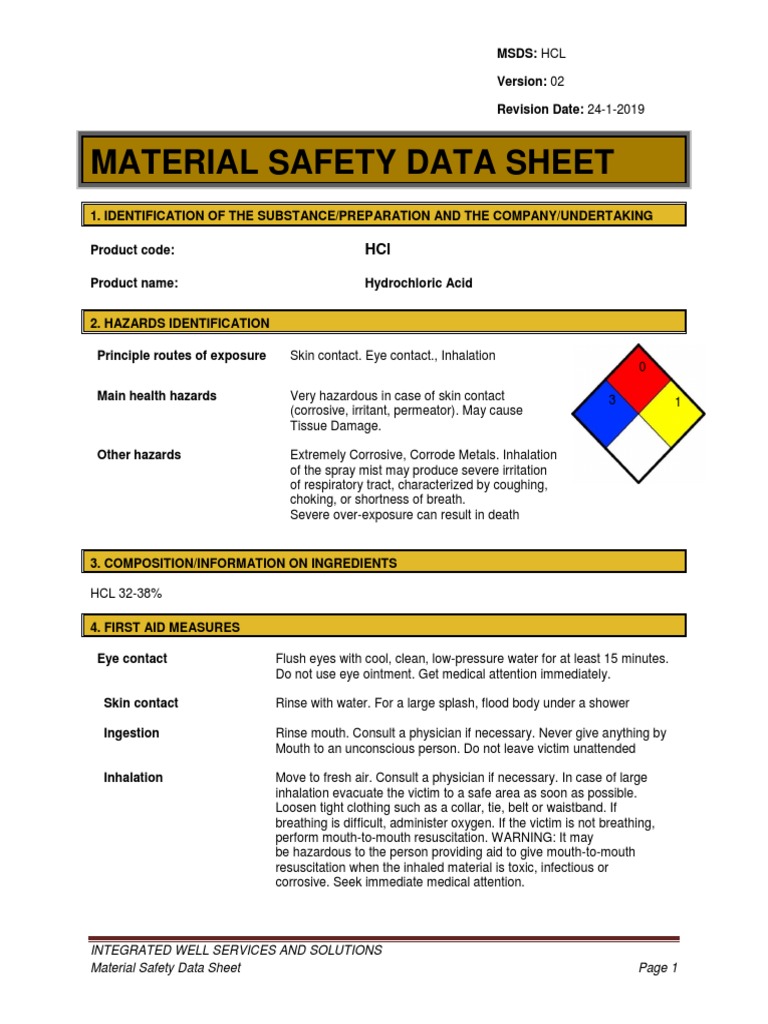 MSDS HCL | PDF | Hydrochloric Acid | Firefighting