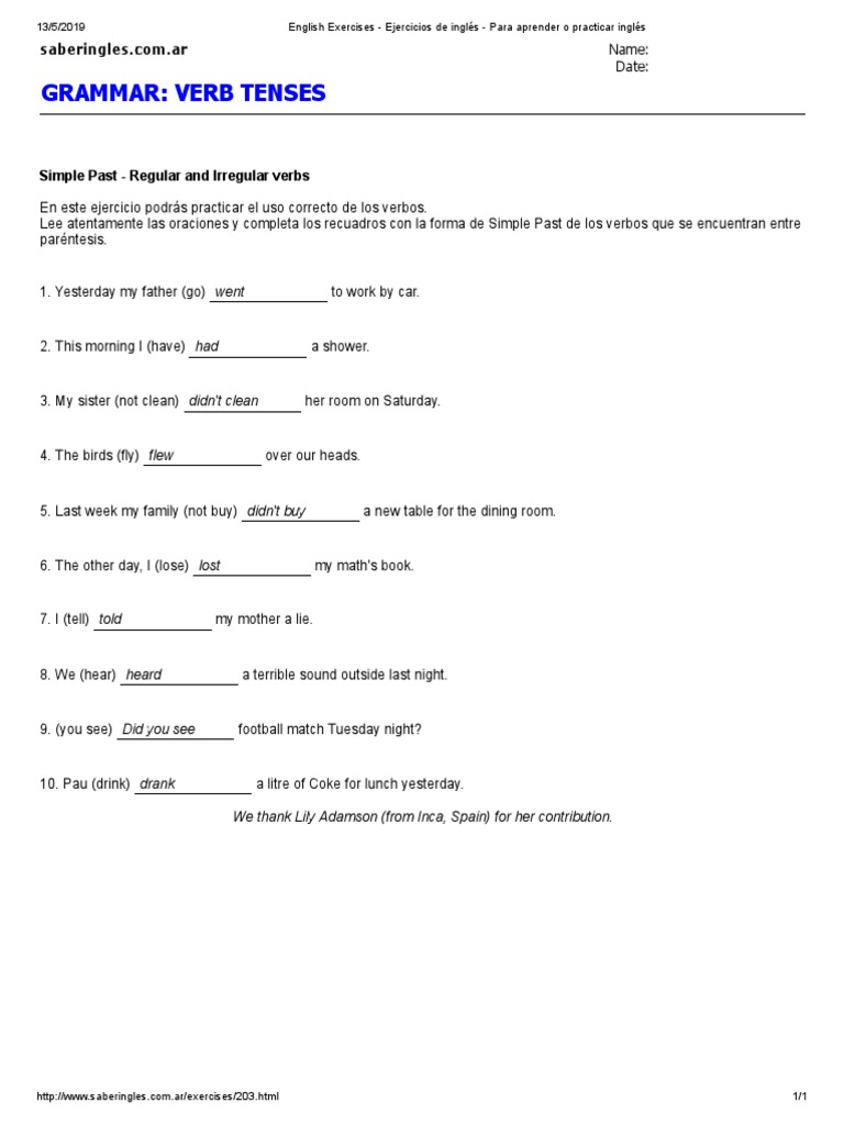 English Exercises Ejercicios De Inglés Para Aprender O Practicar