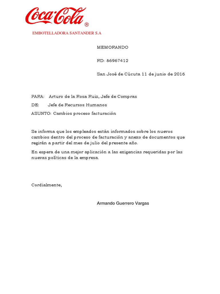 Ejemplo De Carta Comercial De Memorando