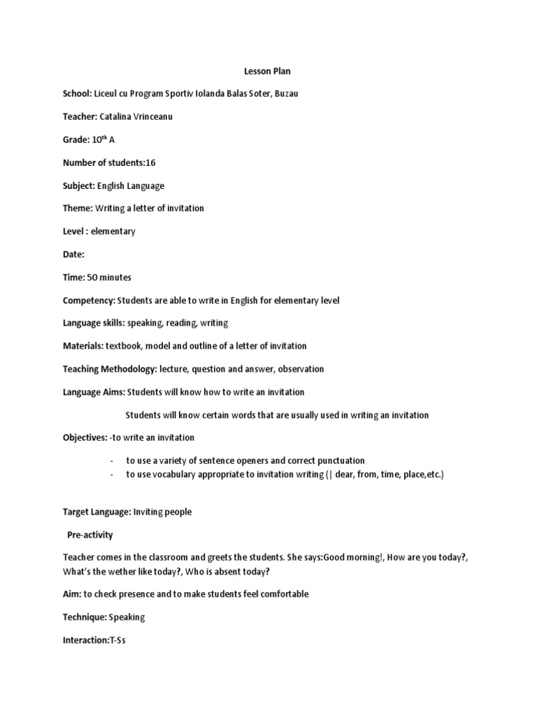 Writing Invitation Lesson Plan | PDF | Question | Teachers