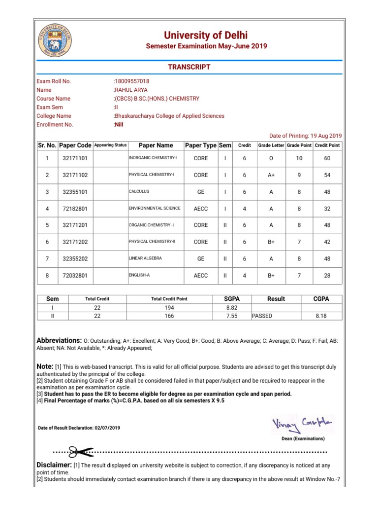 University of Delhi: Semester Examination May-June 2019 Transcript ...