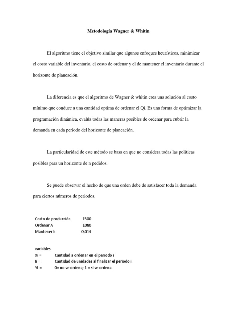 Metodología Wagner & Whitin 3 PARTE | PDF | Algoritmos y Estructuras de ...