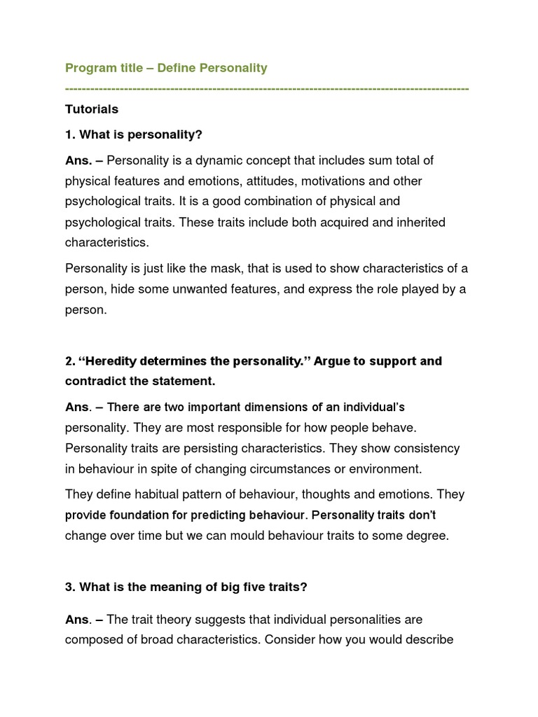 Tutorials 1. What Is Personality? Ans. - Personality Is A Dynamic ...