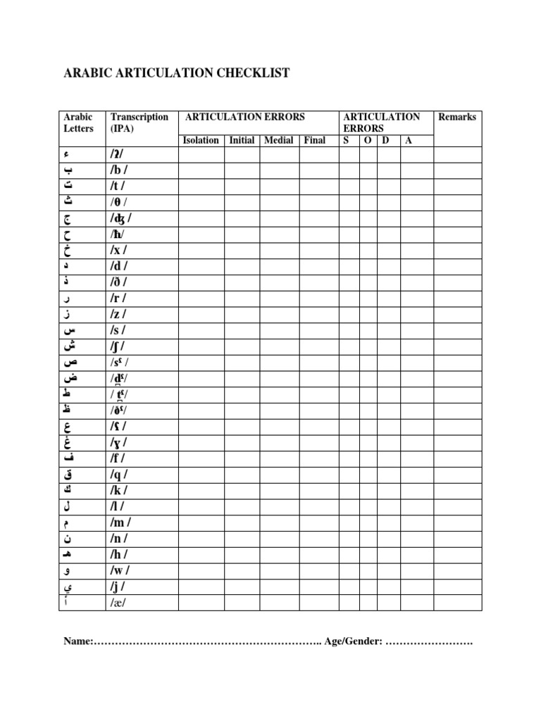 Arabic Articulation Assessment Checklist | PDF | Language Arts & Discipline