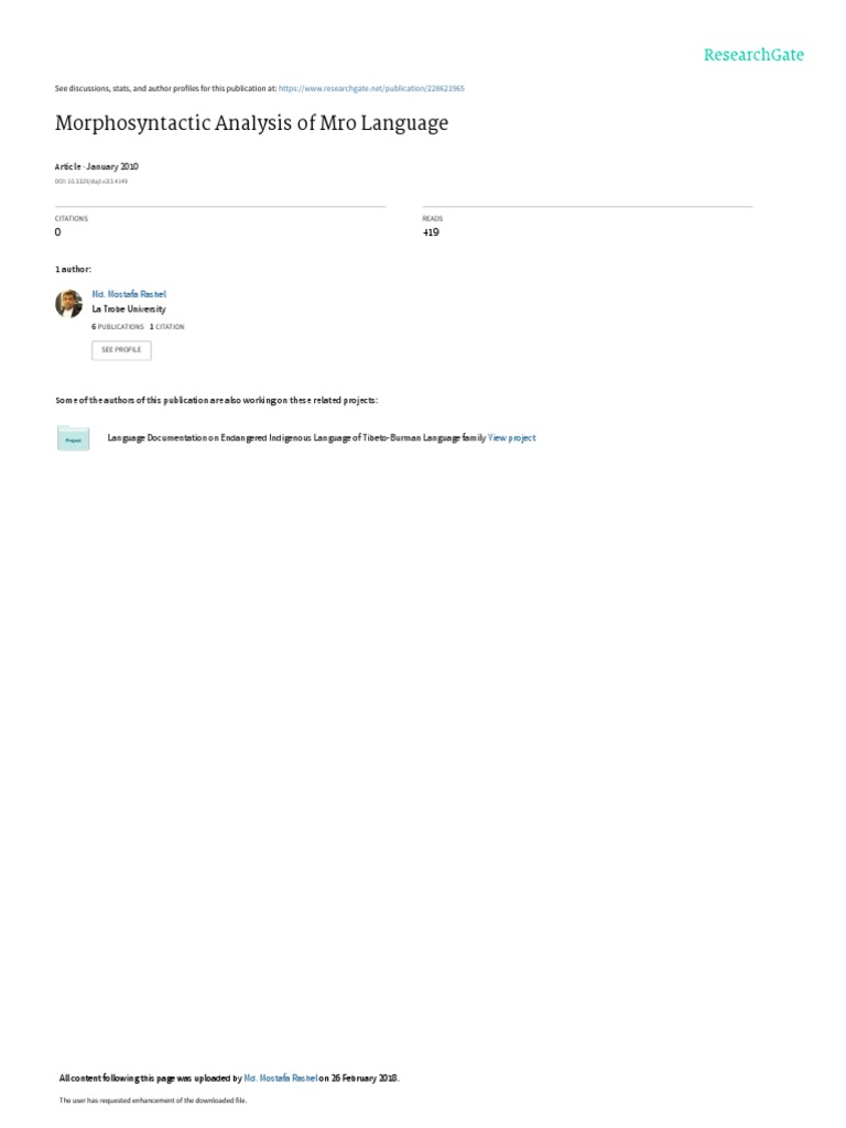 Morphosyntactic Analysis of Mro Language | PDF | Grammatical Number | Verb