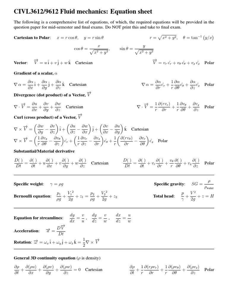 CIVL3612/9612 Fluid Mechanics: Equation Sheet | PDF | Soft Matter | Gases