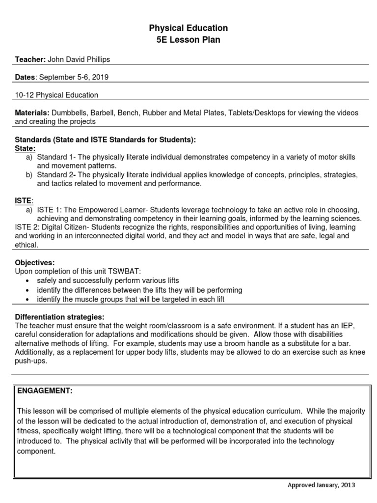 Jdphillips 5e Lesson Plan Ed508 | PDF | Weight Training | Lesson Plan
