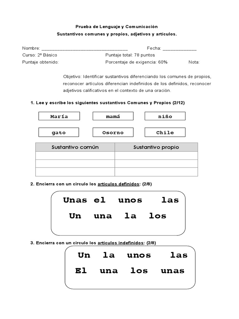 Prueba Sustantivos Segundo | PDF