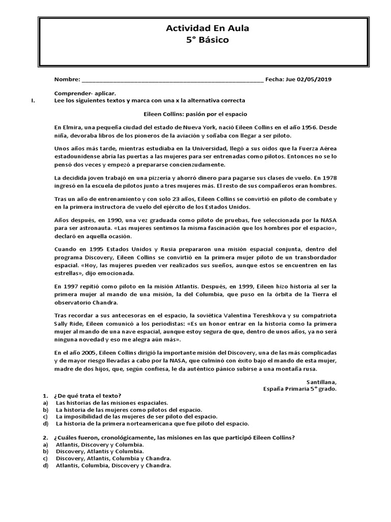 Comprensión Lectora | PDF | Transbordador espacial Atlantis | Nasa