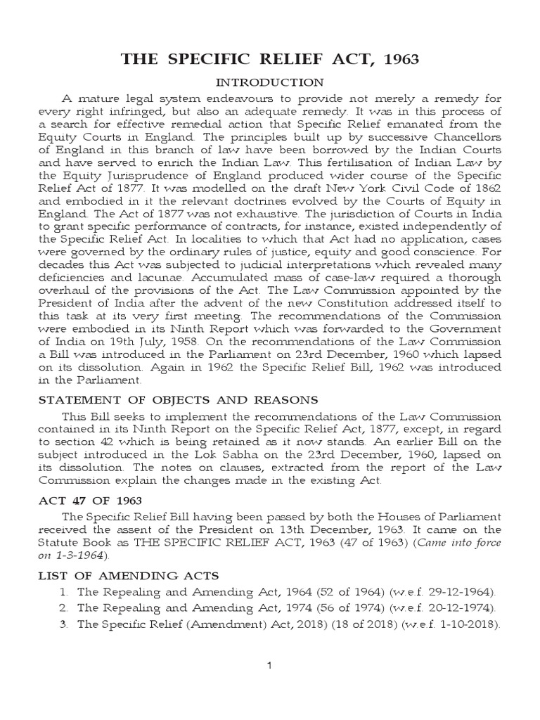 Specific Relief Act, 1963 | PDF | Damages | Act Of Parliament
