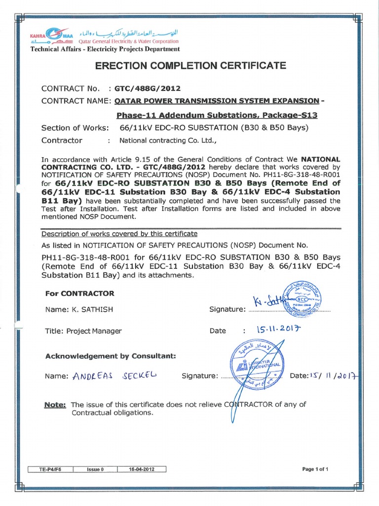 TE-P4-F5 Erection Completion Certificate | PDF