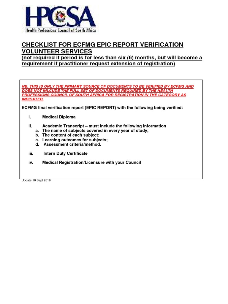 Checklist For Epic Report Verification Volunteer Services | PDF ...