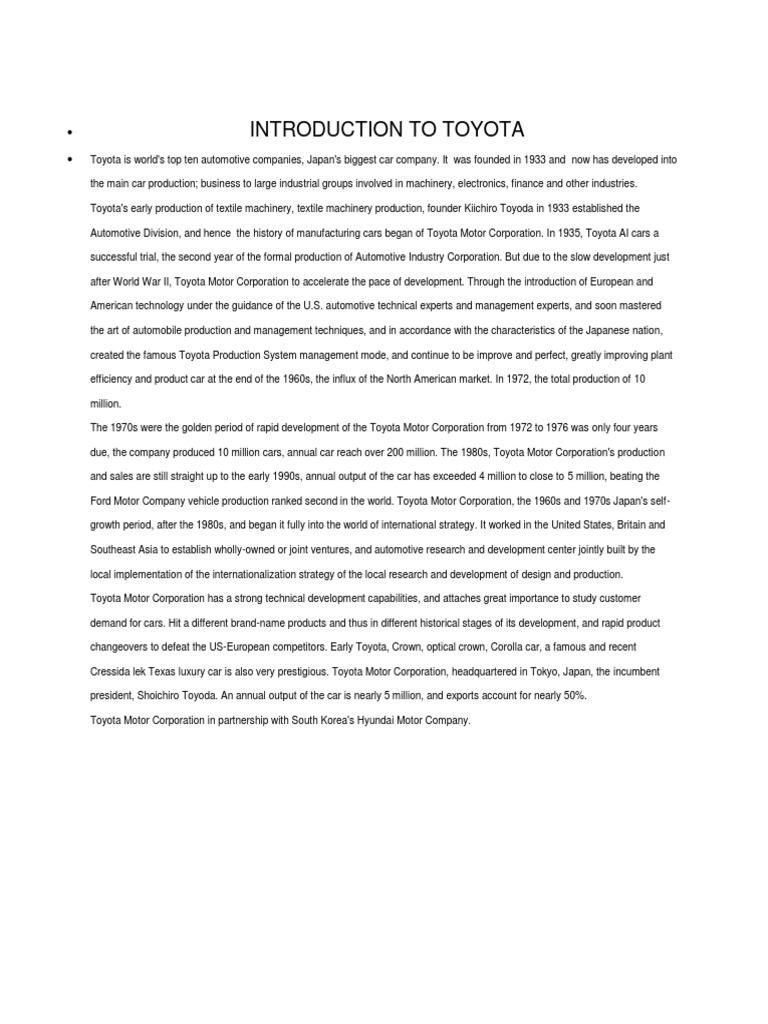 Introduction To Toyota | PDF | Toyota | Car
