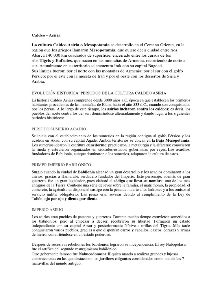 La Cultura Caldeo Asiria o Mesopotamia Se Desarrollo en El Cercano ...