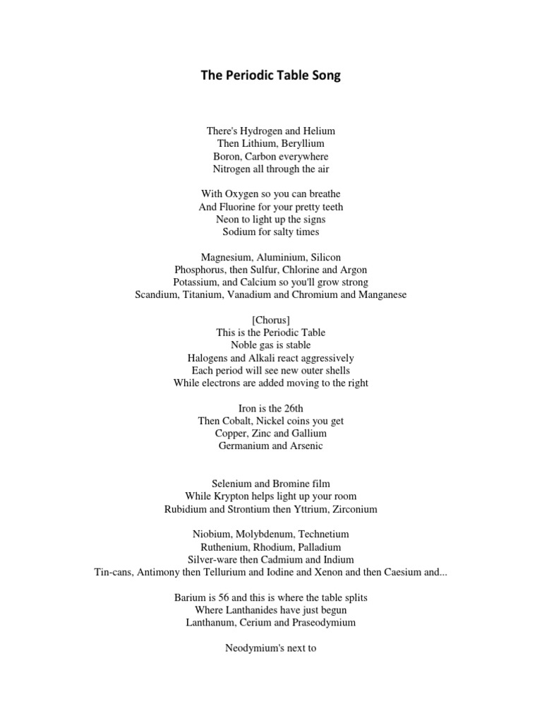 The Periodic Table Song | PDF | Periodic Table | Atoms