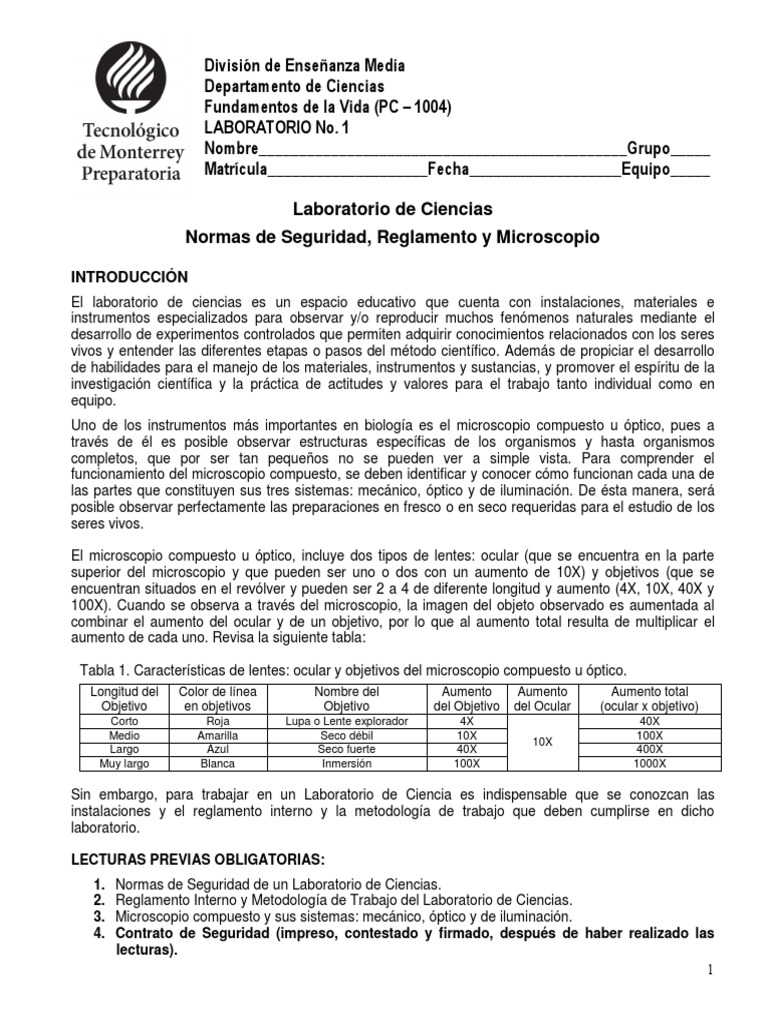 1 PC1004 Normas de Seguridad Reglamento Microscopio Lab Ciencias AD17 ...