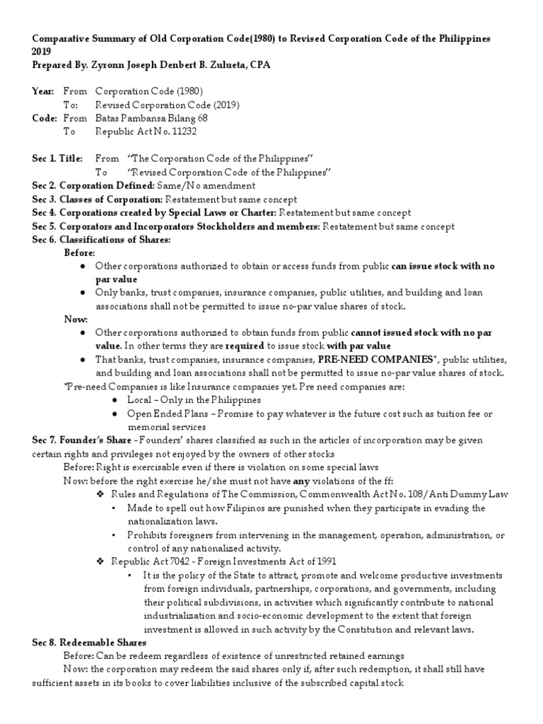 Comparative Summary of Old Corporation Code To Revised Corporation Code ...