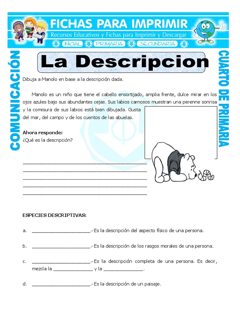 Ficha La Descripcion para Cuarto de Primaria | PDF | Retrato