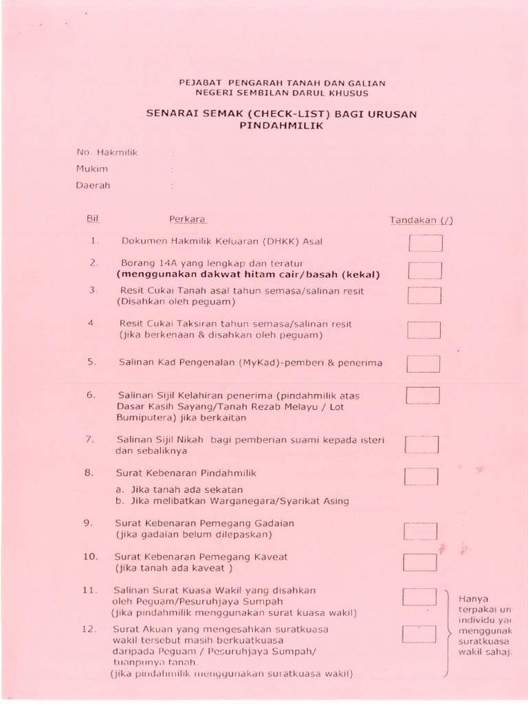 Checklist Pindah Milik Tanah | PDF
